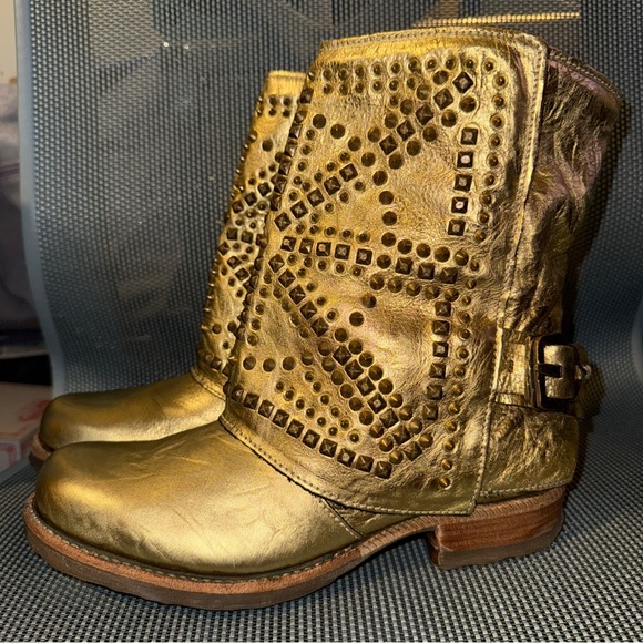 A.S.98 | Shoes | As98 Sabey Gold Leather Studded Moto Buckle Boots ...